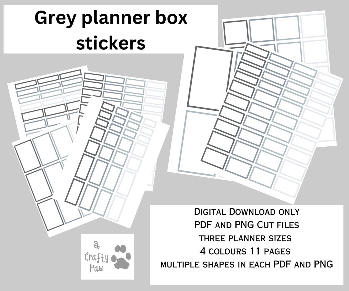 Grey Printable Planner Stickers – Functional Boxes | A4 PDF & PNG ...