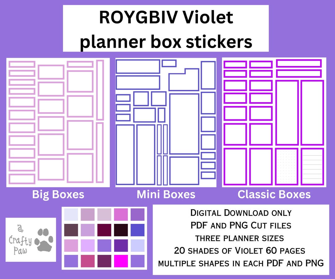 Violet Planner Stickers: Functional Boxes for Happy Planners (PDF, PNG ...