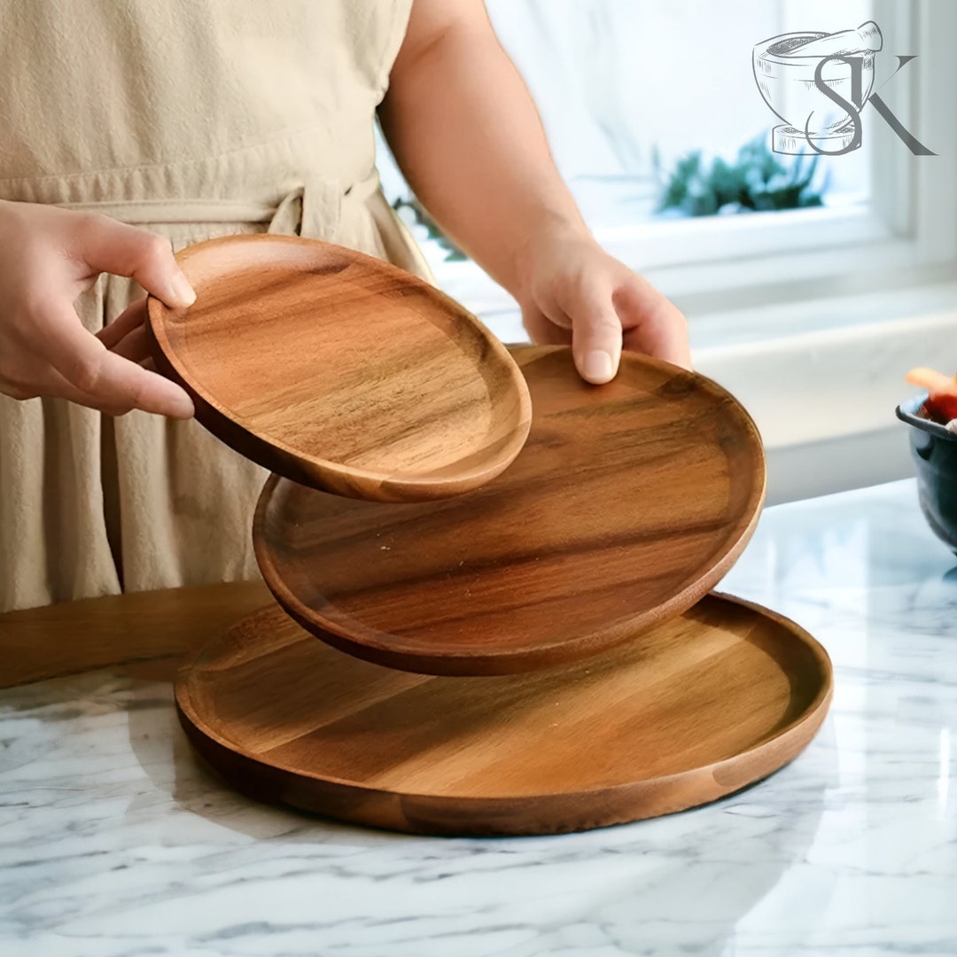 Acacia Wooden Round Plate Handmade Wooden Serving Tray Natural Round ...