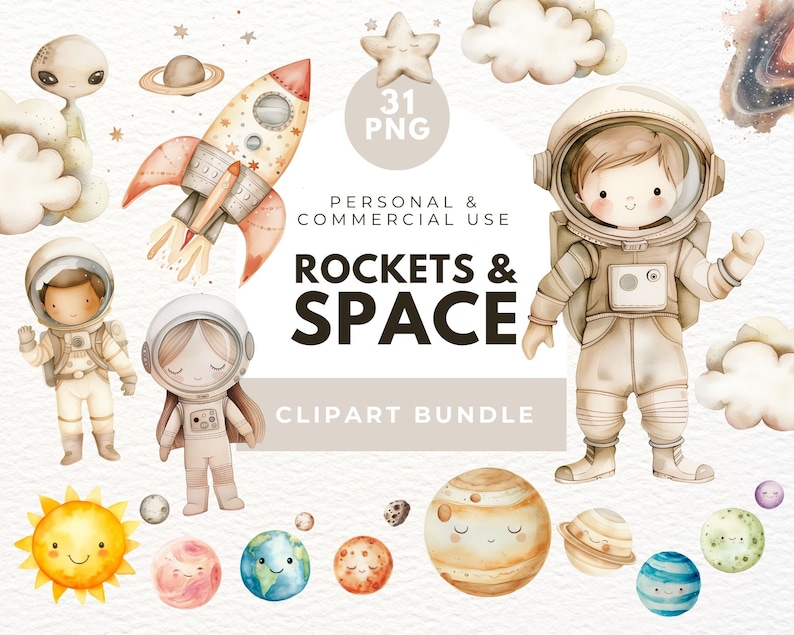 Watercolor Cute Space Clipart Bundle, Planets Clip Art, Girl Cute ...