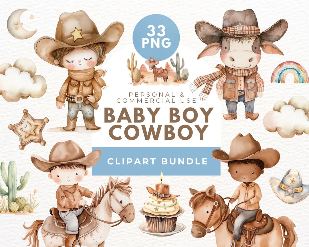 Watercolor Cowboy Clipart: Baby Shower, Nursery Decor (PNG Digital ...