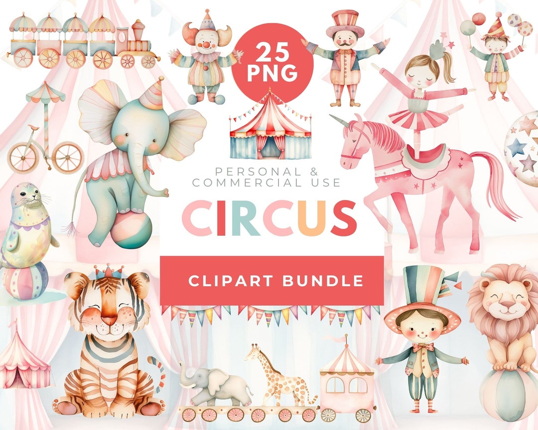 Watercolor Circus Clipart: Pastel and Pink Carnival Graphics (digital ...
