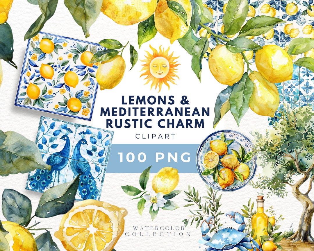 Watercolor Lemon Clipart: Mediterranean Tile Graphics (PNG) - Etsy