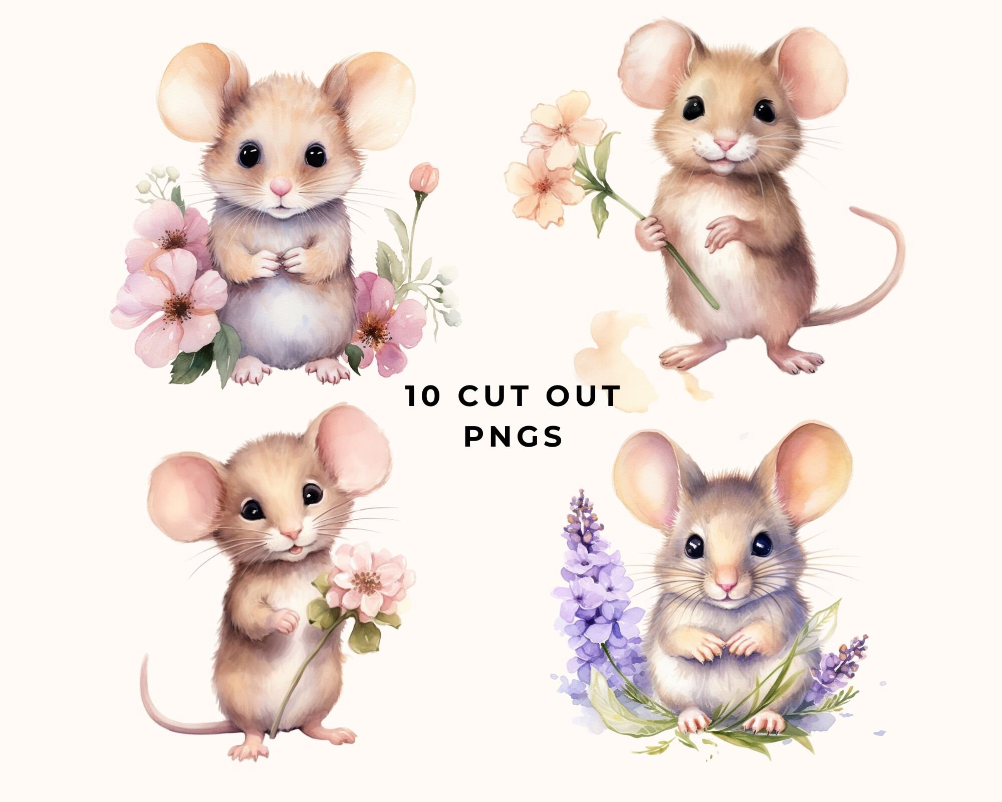 Mouse and Flower Clipart 10 PNG Digital Download Watercolor - Etsy