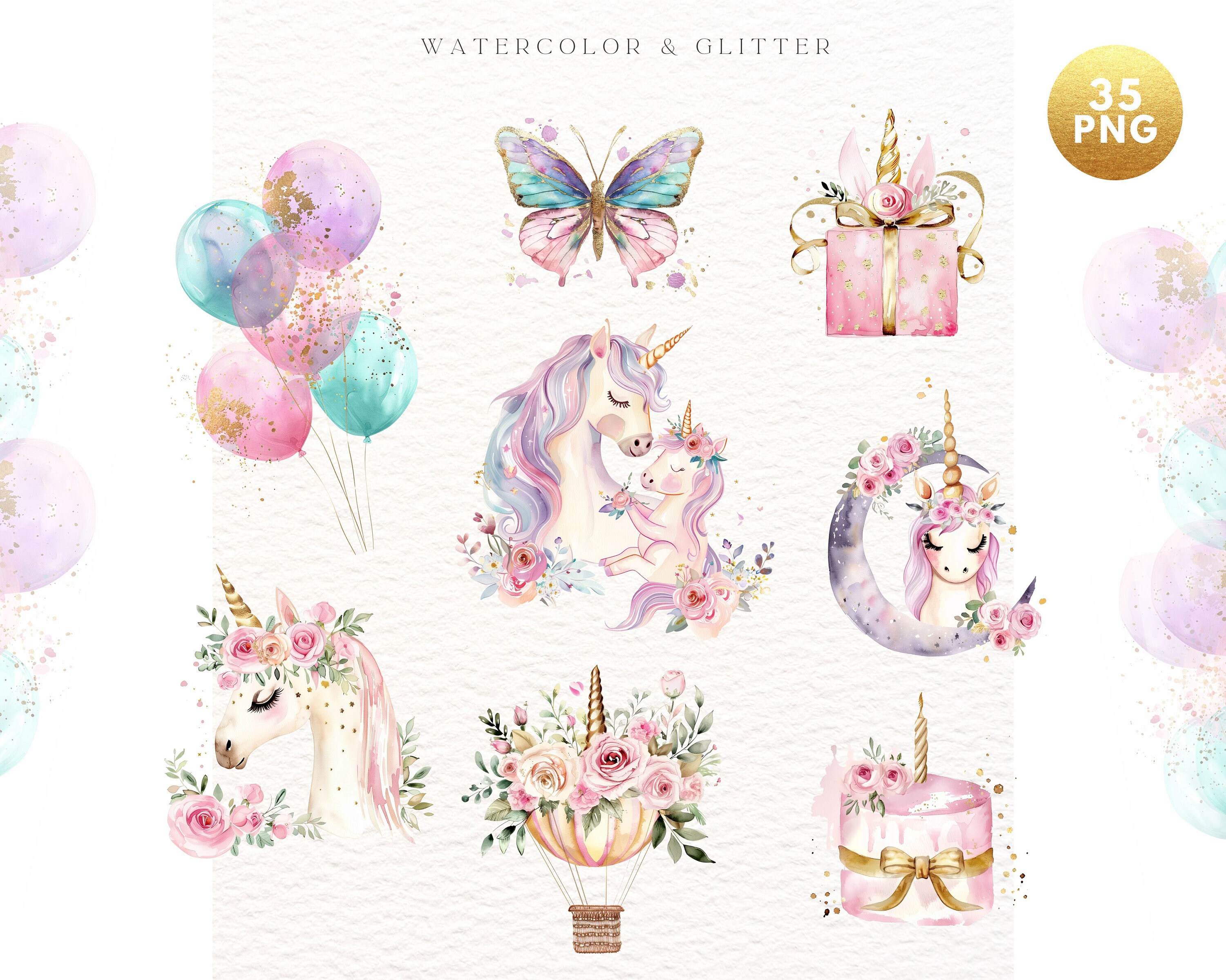 Watercolor Unicorn Clipart: Rainbow Glitter Party PNG (commercial Use ...