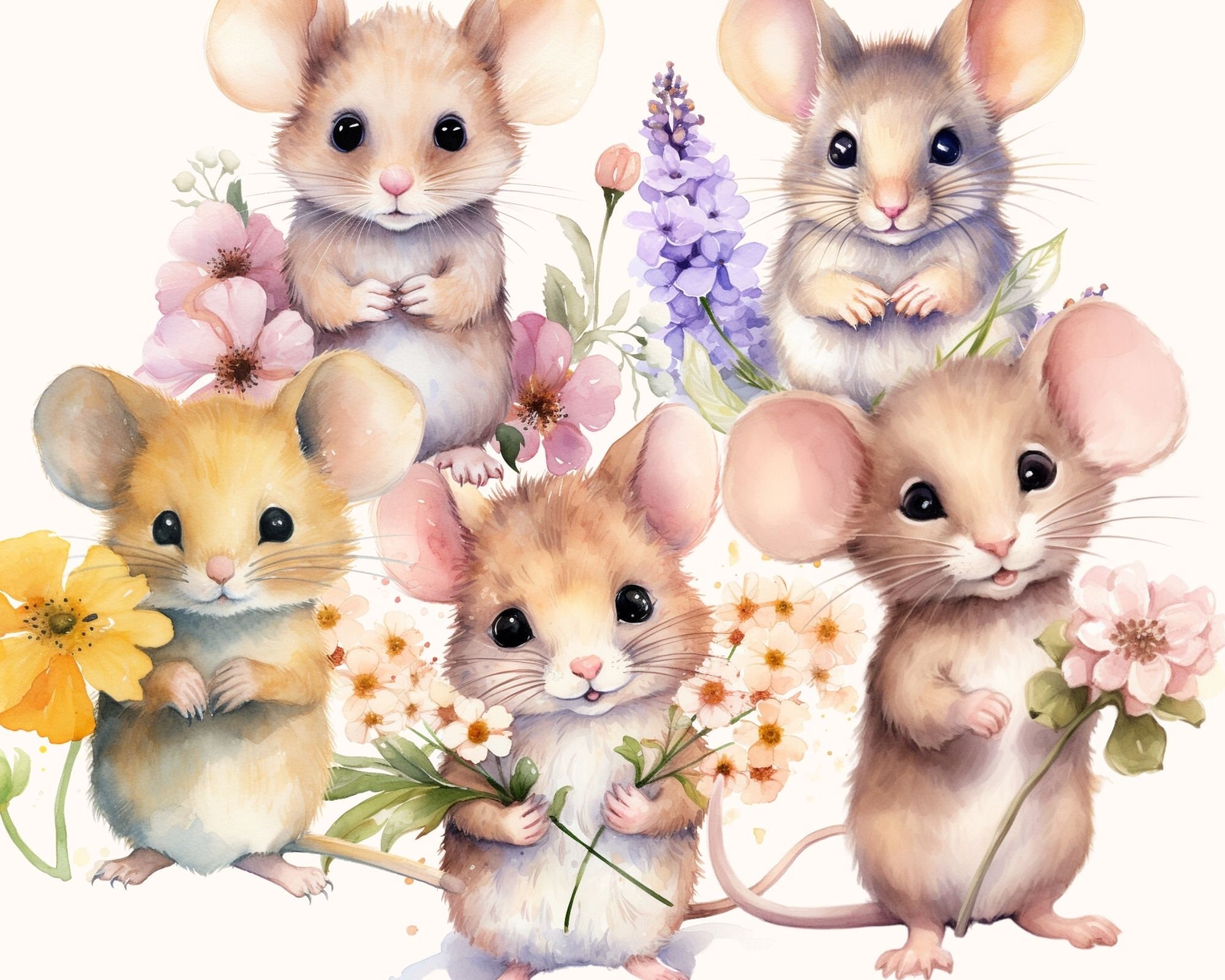 Mouse and Flower Clipart 10 PNG Digital Download Watercolor - Etsy
