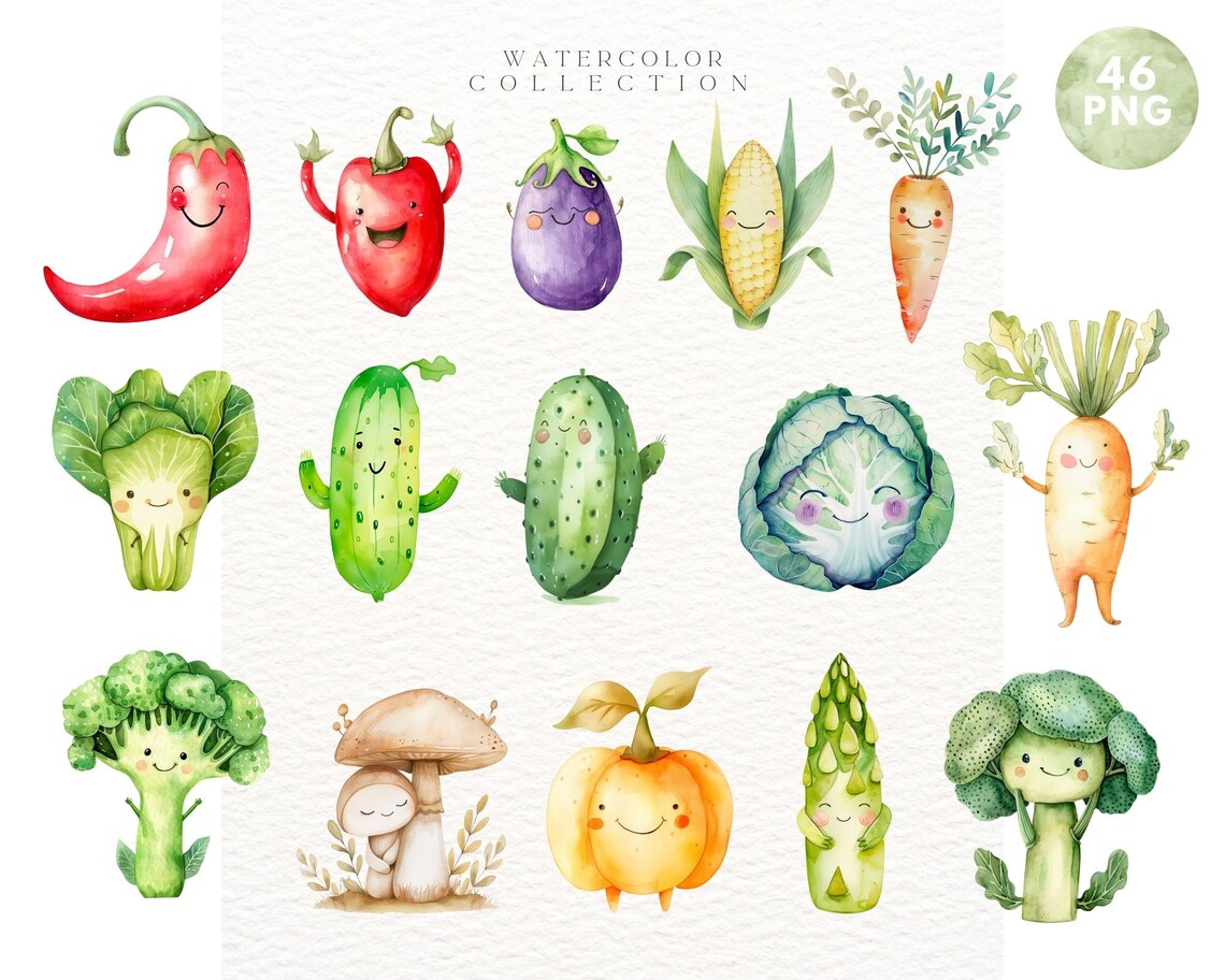 Cute Vegetable Watercolor Clipart, Garden Food Graphics (digital ...