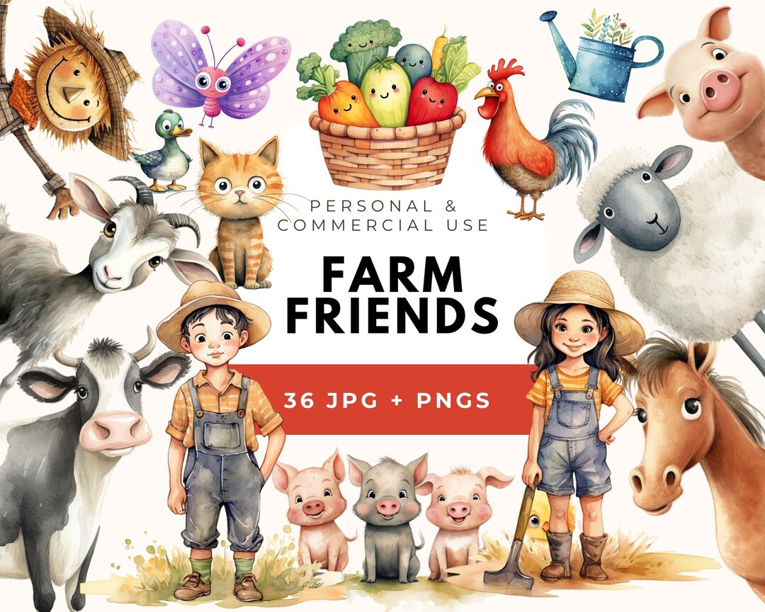 Watercolor Quirky Farm Animals Clipart, Cute Farm Animals, Funny Farm ...