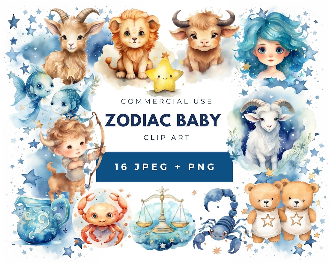 Watercolor Zodiac Baby Clipart, Horoscope Kids PNG JPEG (digital ...