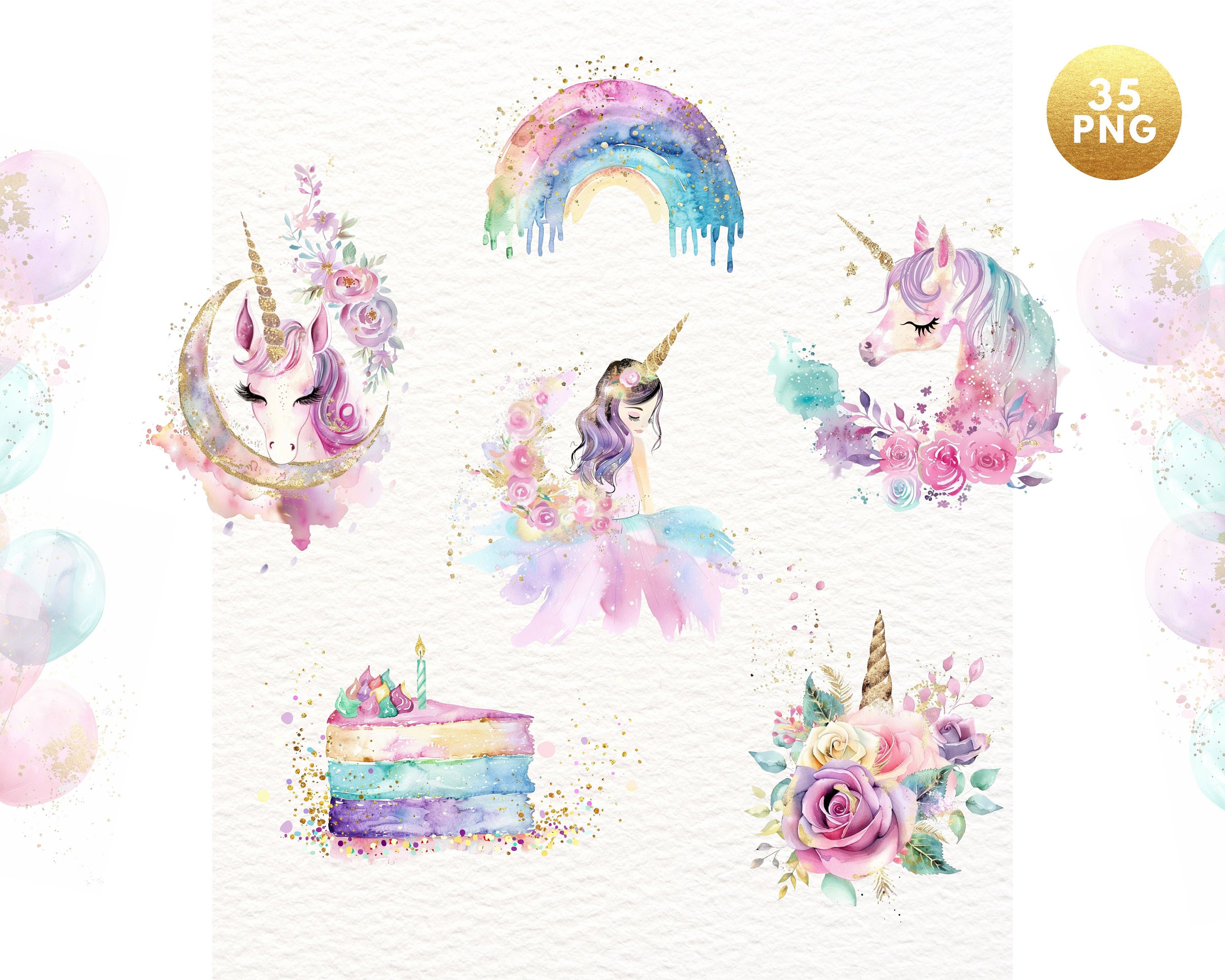Watercolor Unicorn Clipart: Rainbow Glitter Party PNG (commercial Use ...