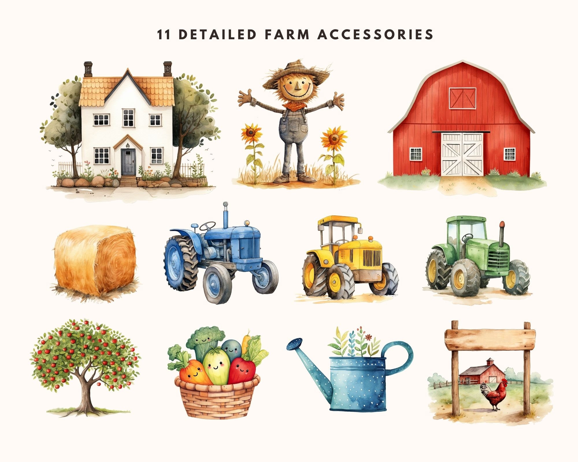 Watercolor Farm Clipart, Cute Farm Animals Pack, Commercial Use ...