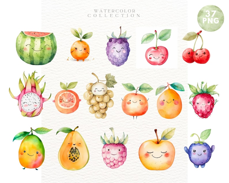 Cute Fruits Clipart, Kawaii Watercolor Fruit PNG (digital Download) - Etsy