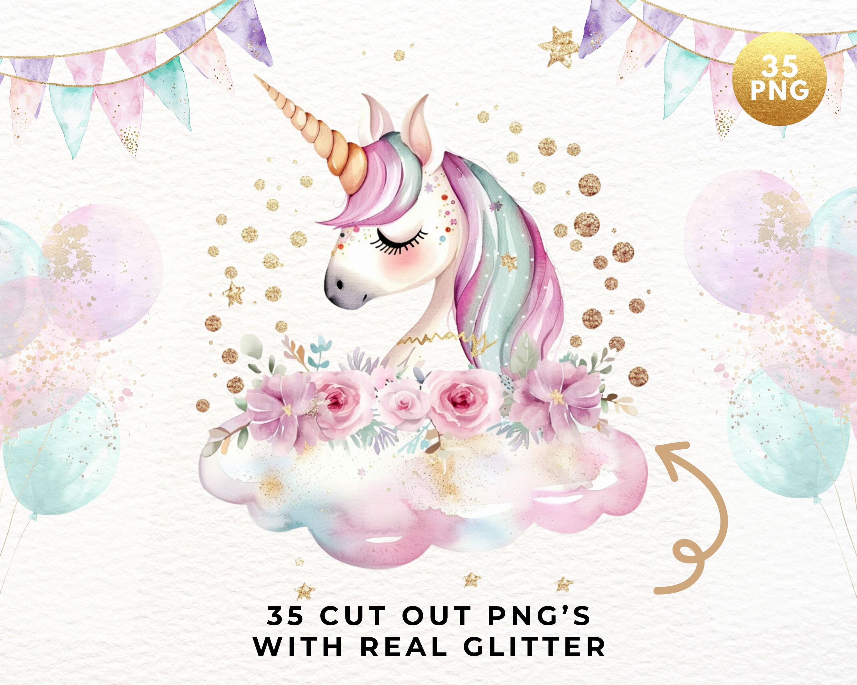 Watercolor Unicorn Clipart: Rainbow Glitter Party PNG (commercial Use ...