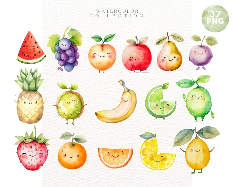 Cute Fruits Clipart, Kawaii Watercolor Fruit PNG (digital Download) - Etsy