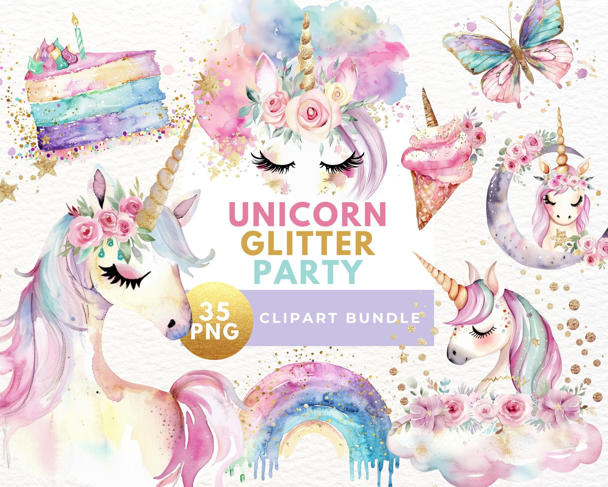 Watercolor Unicorn Clipart: Rainbow Glitter Party PNG (commercial Use ...