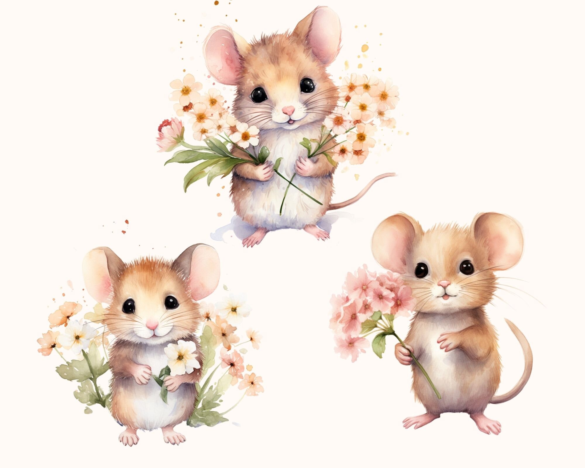 Mouse and Flower Clipart 10 PNG Digital Download Watercolor - Etsy