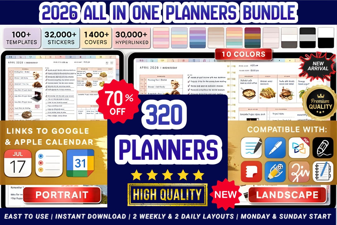 All-in-one Digital Planner 2026 Bundle, 320 Hyperlinked Planners, iPad Planner, Portrait ...
