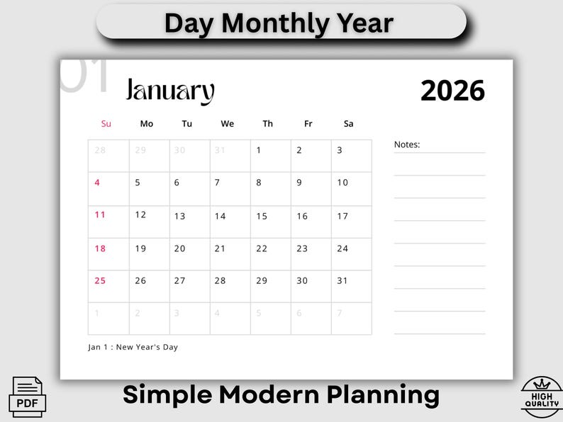 2026 Monthly Calendar Printable, Minimalist Planner With Notes (PDF ...