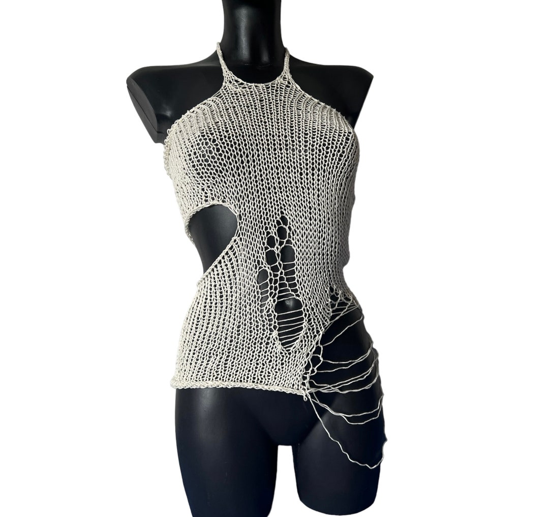 Y2K Knitted Crop Top Blouse Distressed Asymmetrical Subversive Halter ...