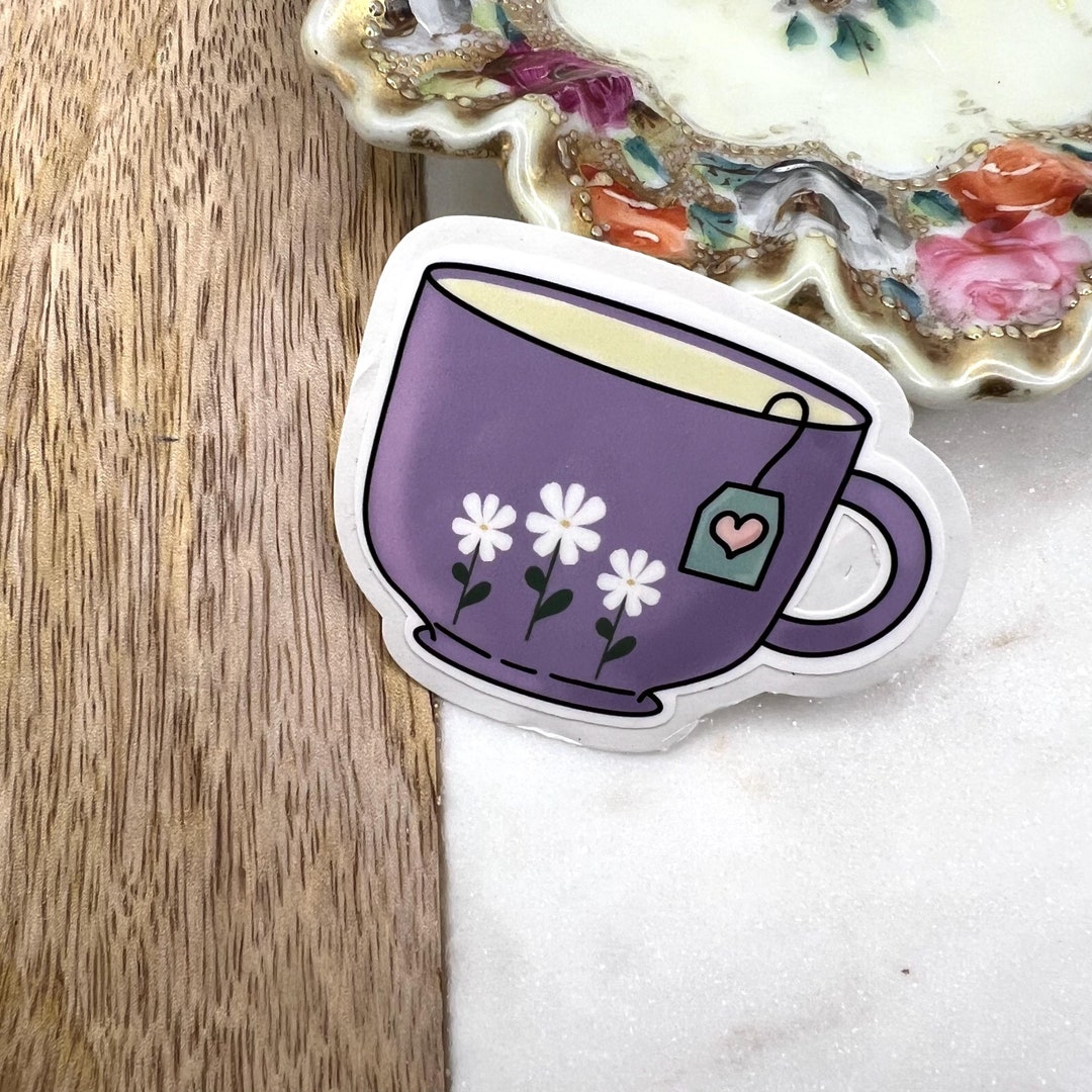Purple Floral Tea Cup Sticker, Cute Tea Cup Sticker, Tea Lover Sticker ...