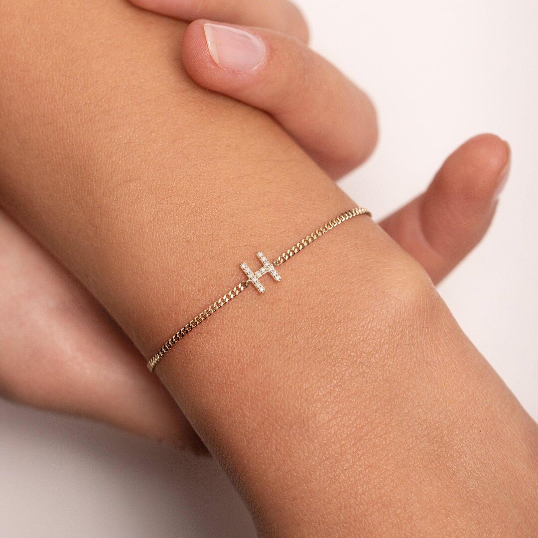 Initial Diamond Bracelet, 14k Gold Diamond Initial Curb Bracelet, Solid ...