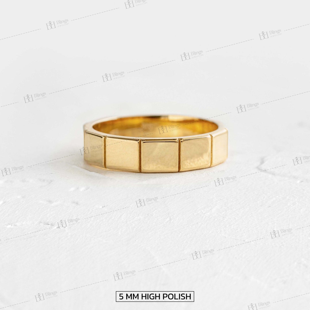 18K Solid Gold Block Band Men's Band, Silver Band, Fluted Stackable ...