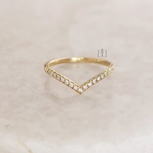 18K Solid Gold Pave Diamond Chevron Band, Diamond Curved Ring, 14k ...