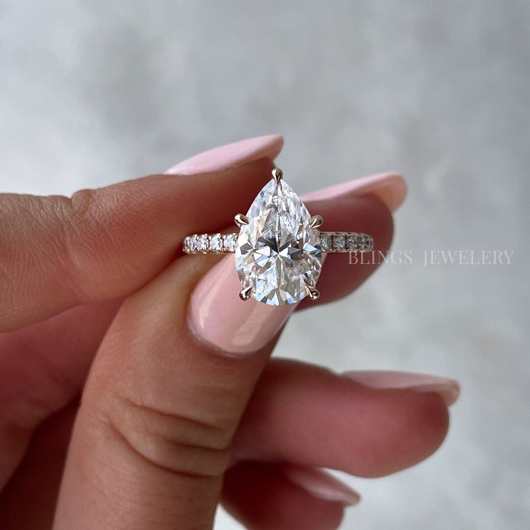 5 Claw Pear Pave Solitaire With Hidden Halo, 14K Solid Gold Promise ...