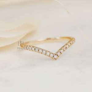 18K Solid Gold Pave Diamond Chevron Band, Diamond Curved Ring, 14k ...