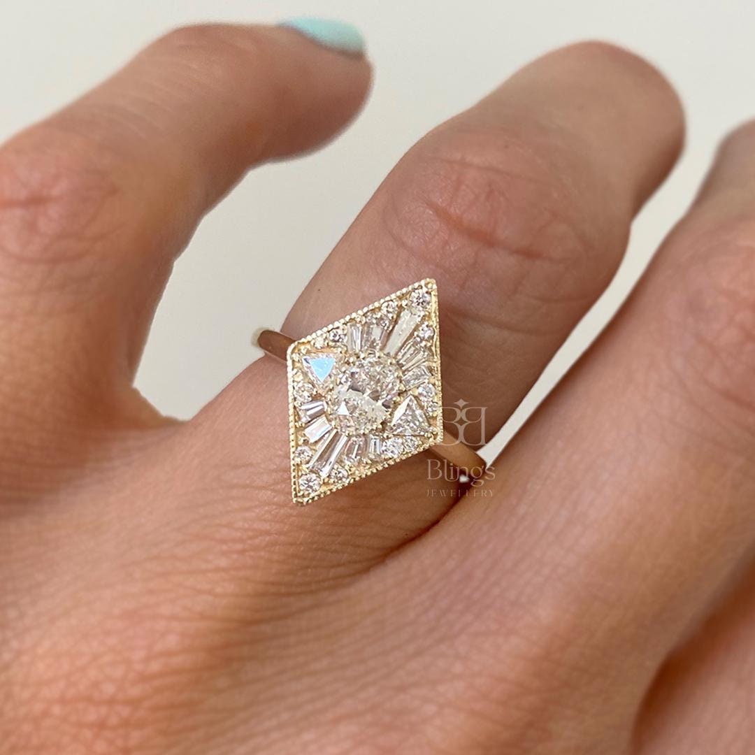 Kite Shape Oval Brilliant Cut Diamond Mosaic Ring, 18k Solid Gold Ring ...