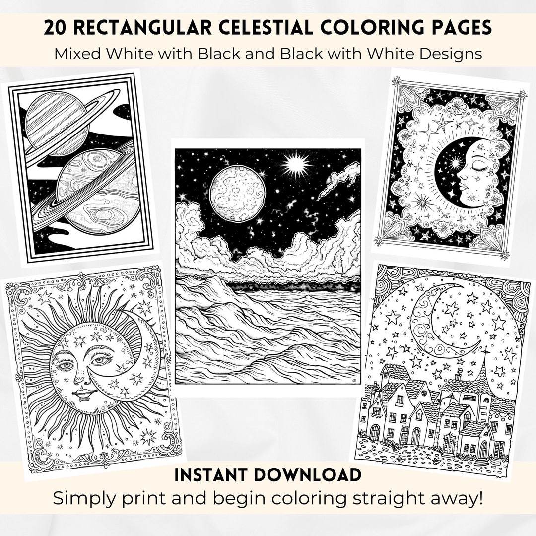 Rectangular Celestial Coloring Pages, Sun Moon Star Coloring, Mystical ...