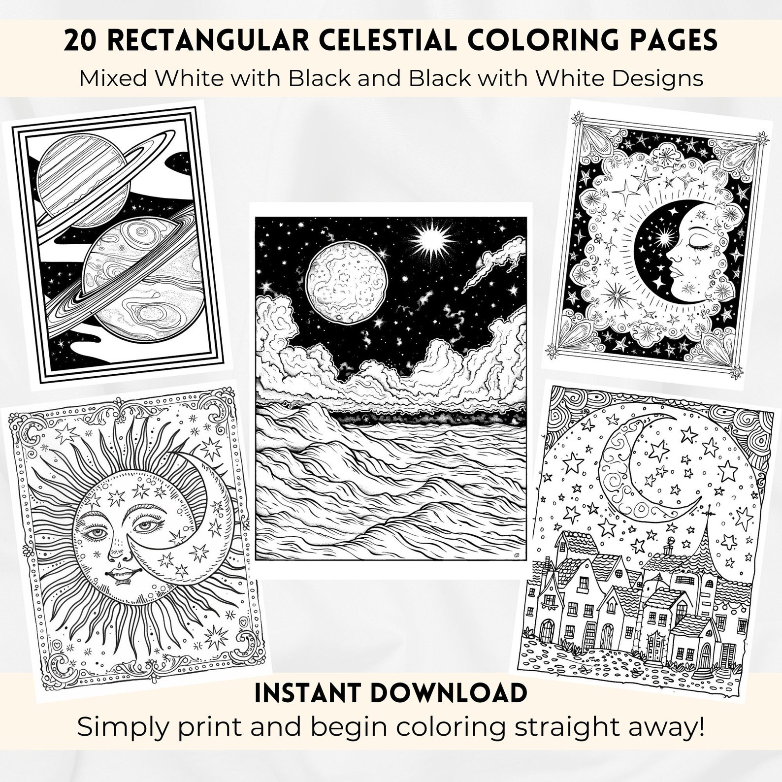 Rectangular Celestial Coloring Pages, Sun Moon Star Coloring, Mystical ...