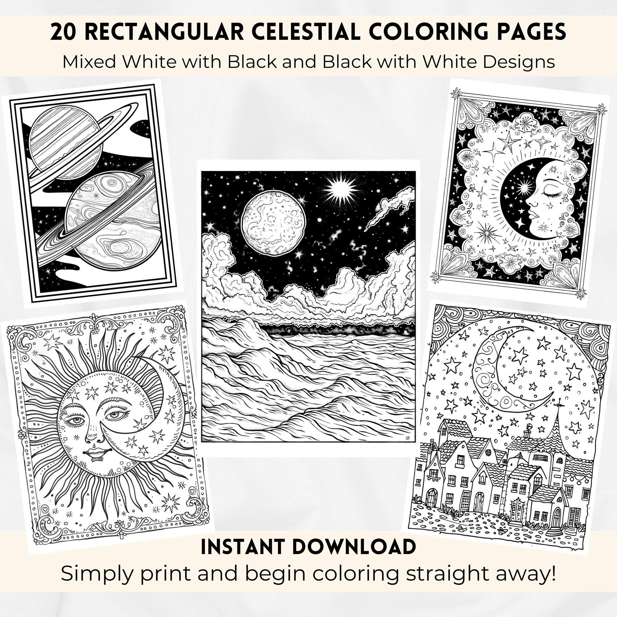 Rectangular Celestial Coloring Pages, Sun Moon Star Coloring, Mystical ...