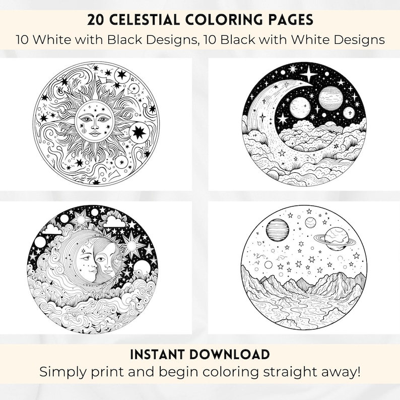 Circular Celestial Coloring Pages, Sun Moon Star Coloring, Mystical ...
