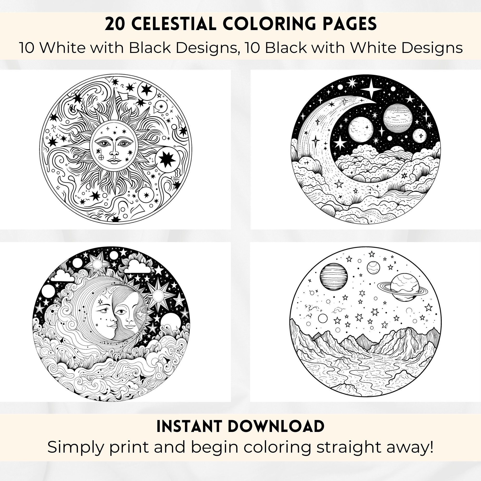 Circular Celestial Coloring Pages, Sun Moon Star Coloring, Mystical ...