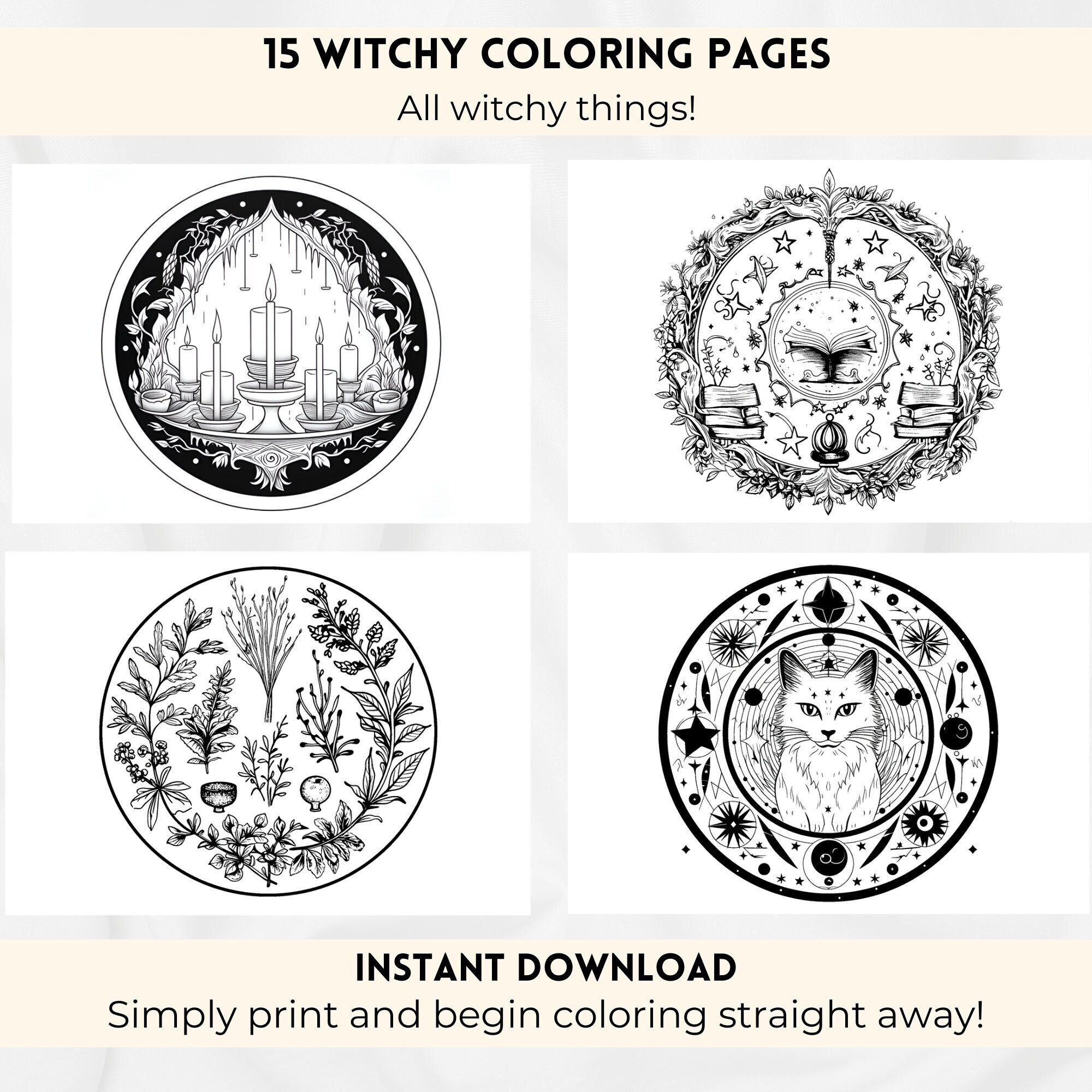 Circular Witchy Adult Coloring Pages, Wiccan Coloring Pages, Witch ...