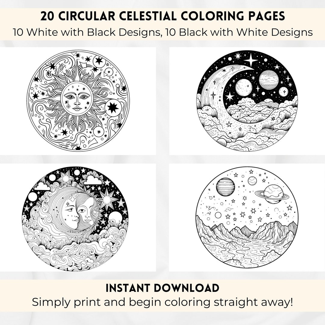 Circular Celestial Coloring Pages, Sun Moon Star Coloring, Mystical ...