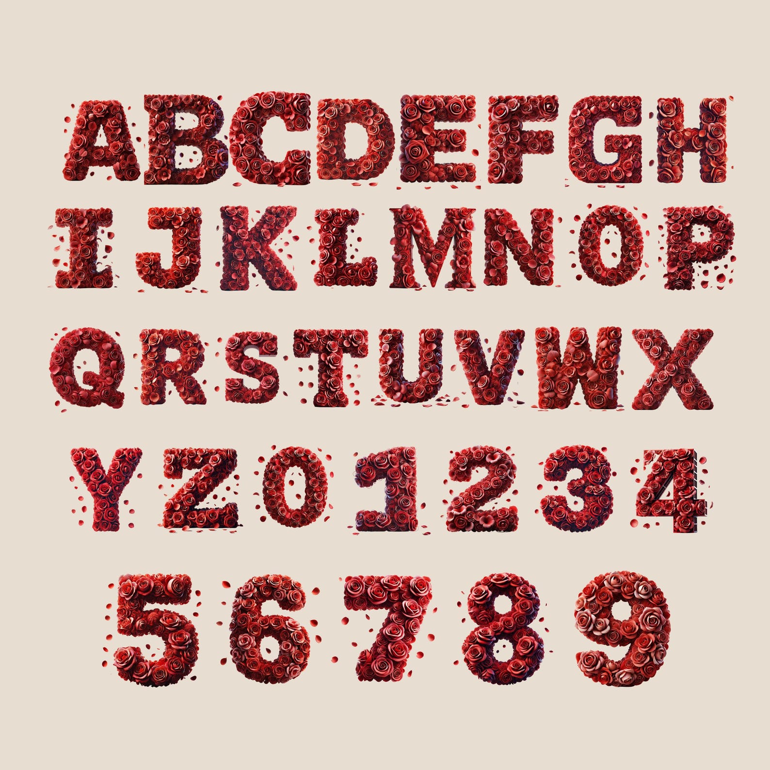 Rose Alphabet A-Z & Numbers 0-9 | Romantic Floral Clipart | Red Rose ...