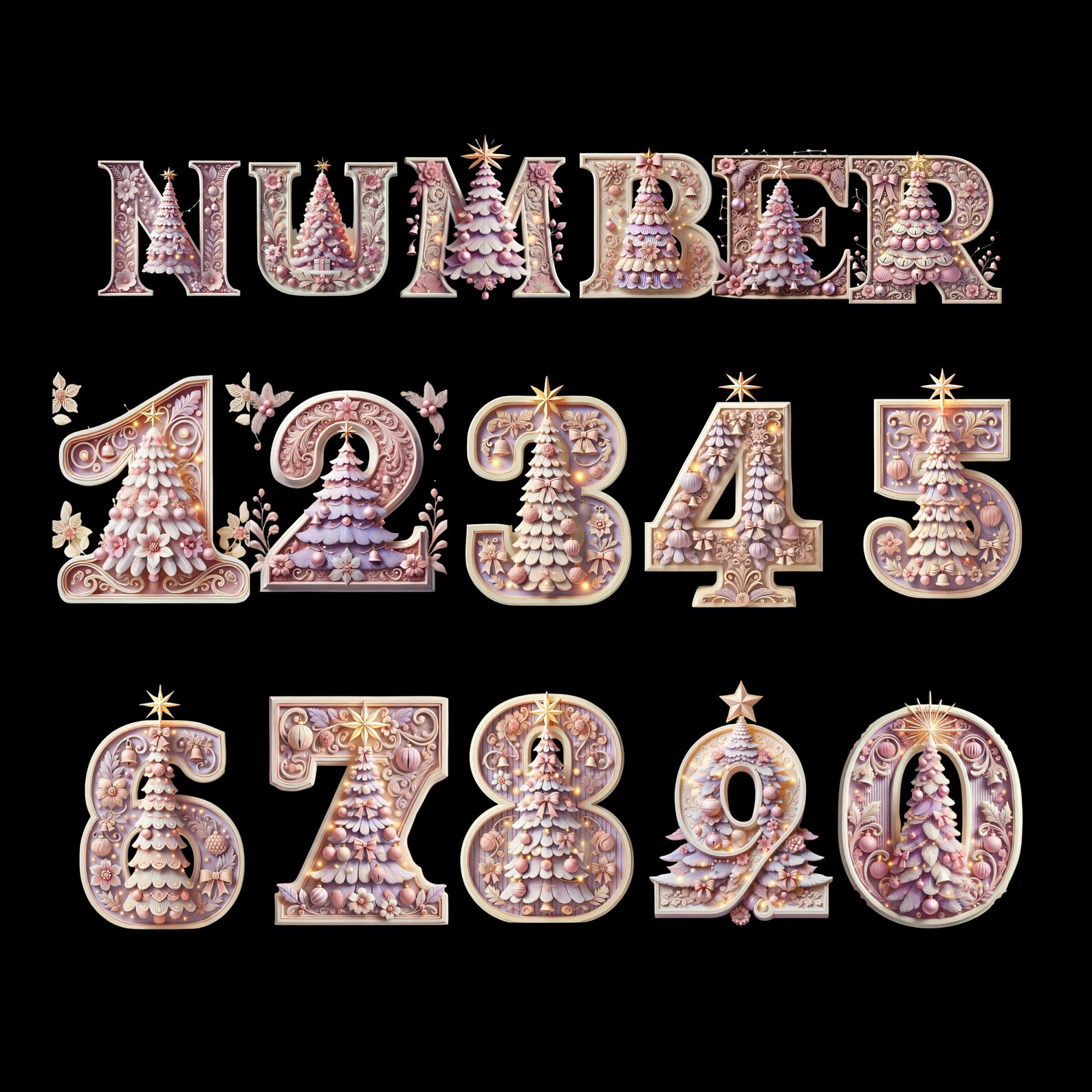 Christmas Tree Alphabet Numbers Clipart, Holiday Numbers 0-9, Pastel ...