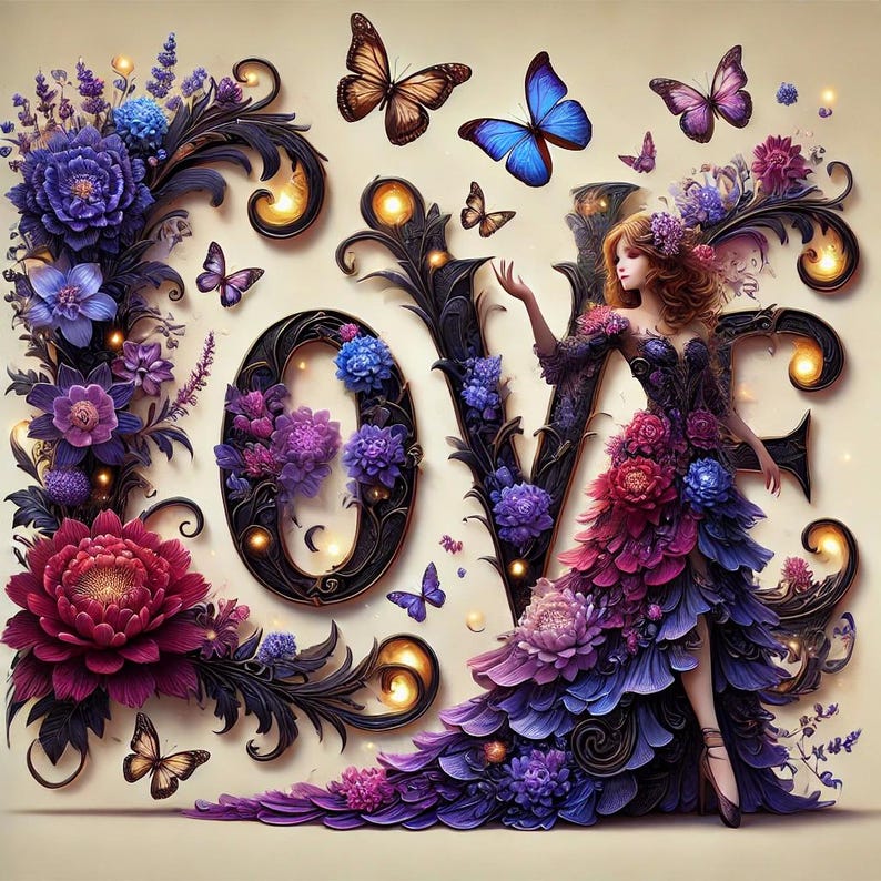 Valentine Fantasy Alphabet A-Z Numbers 0-9, Romantic Floral & Butterfly ...