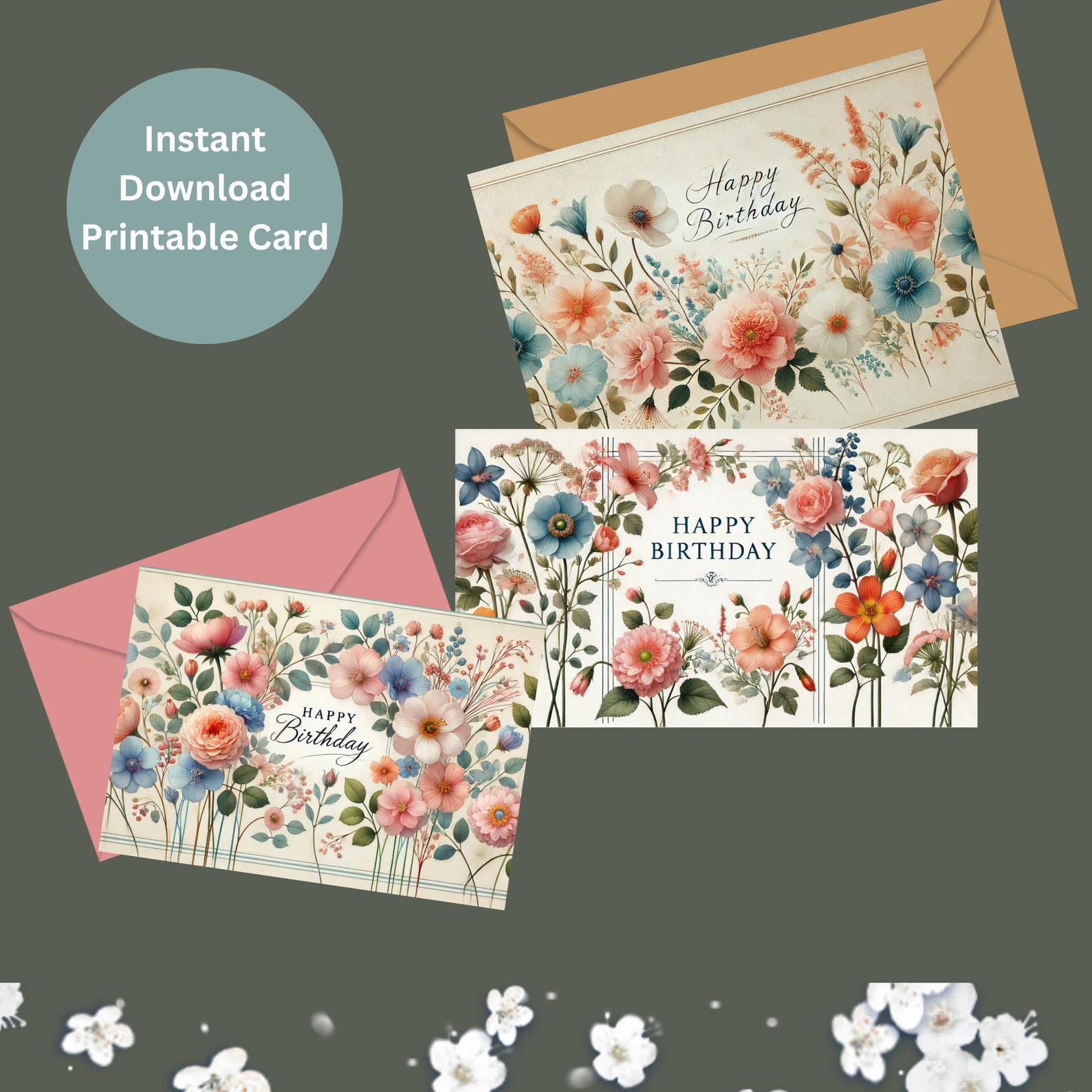 Printable Birthday Card With Flowers, Watercolor Floral Printable Card ...