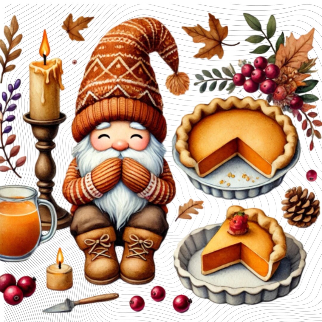 Cozy Fall Gnome Watercolor Clipart | Autumn Pumpkin Pie & Cranberries ...