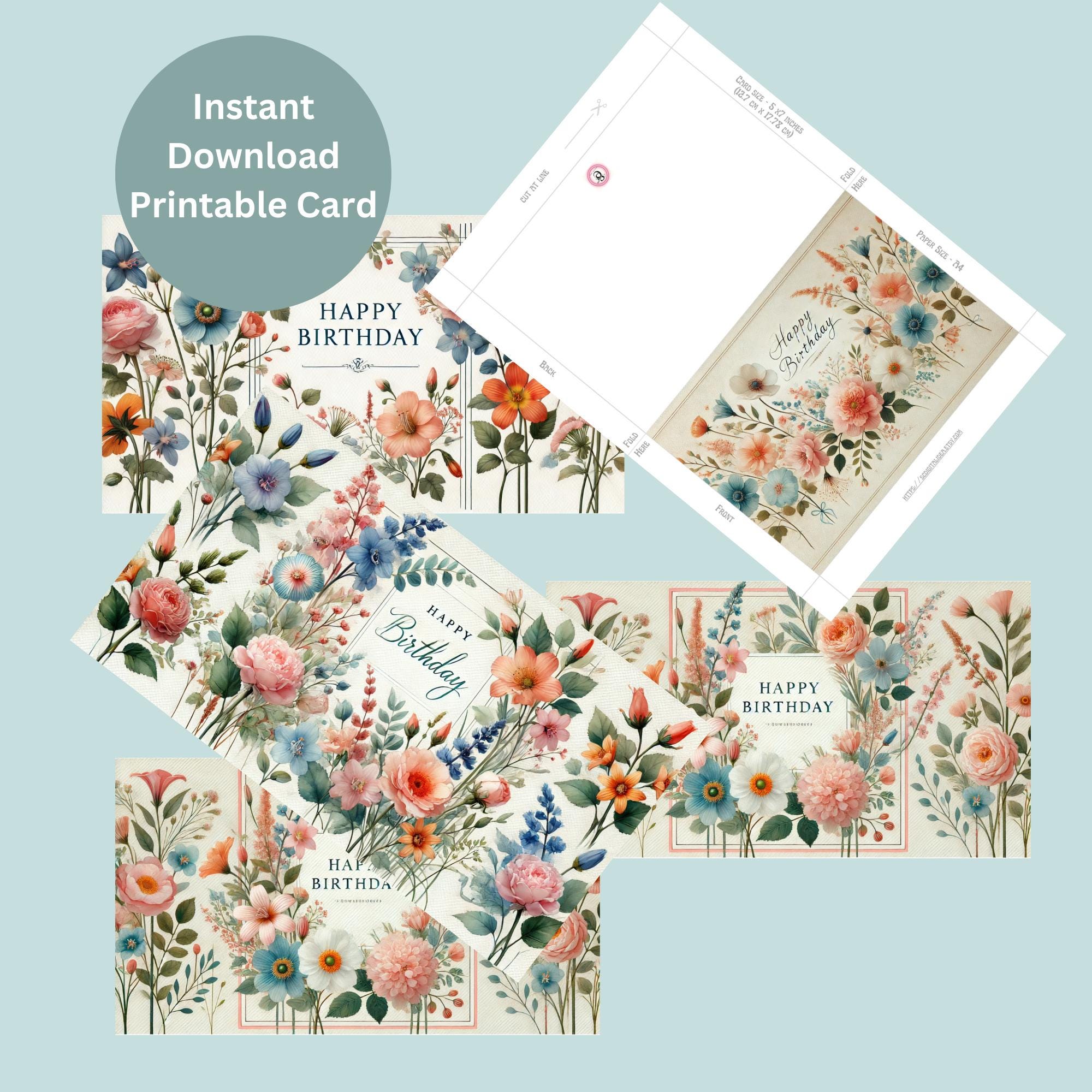 Printable Birthday Card With Flowers, Watercolor Floral Printable Card ...