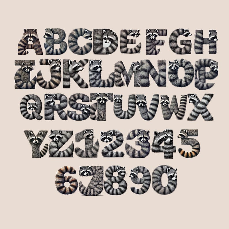 Raccoon Alphabet Clipart: A-Z Digital Letters (PNG, Printable) - Etsy