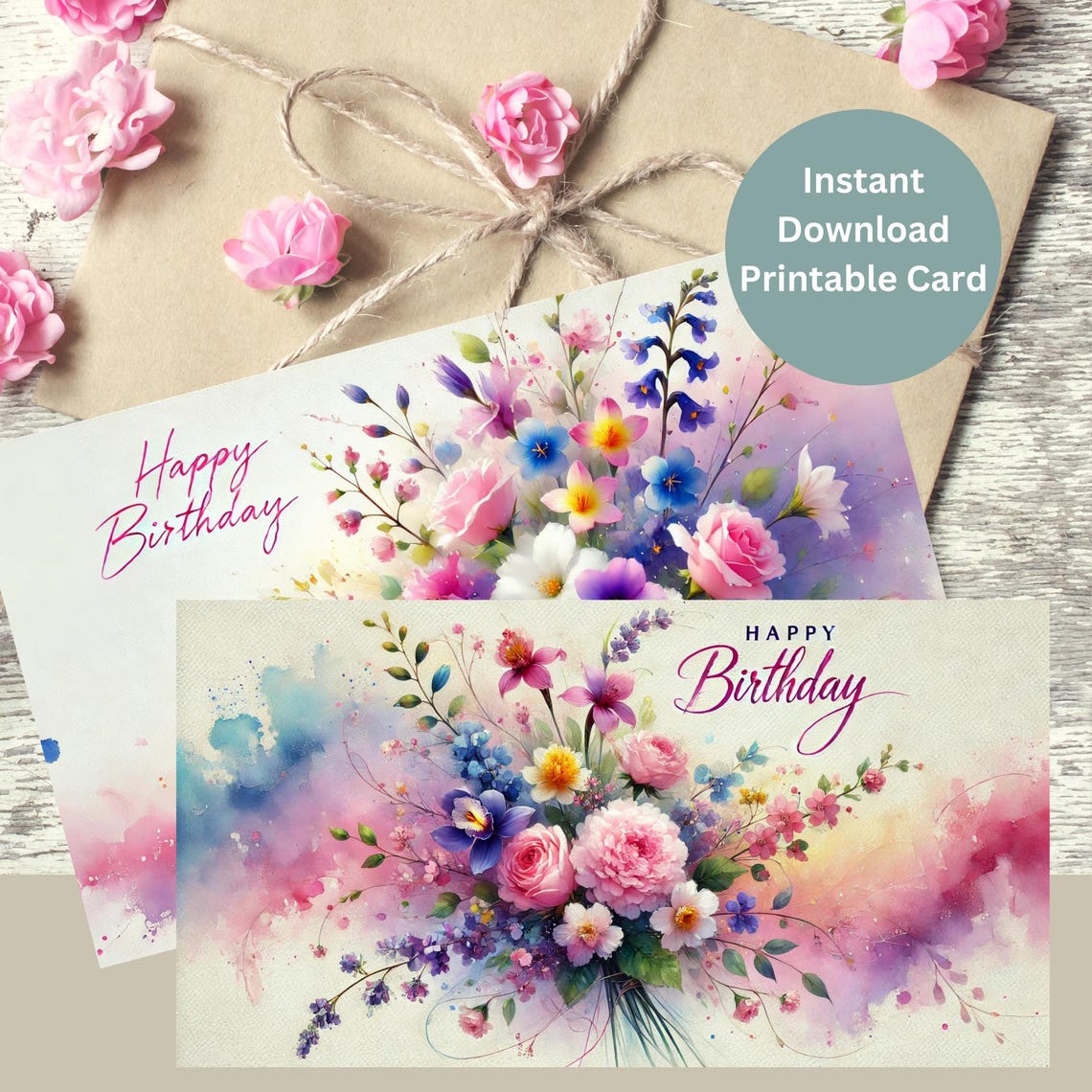 Watercolor Flower Birthday Card: Printable Floral Design (digital ...