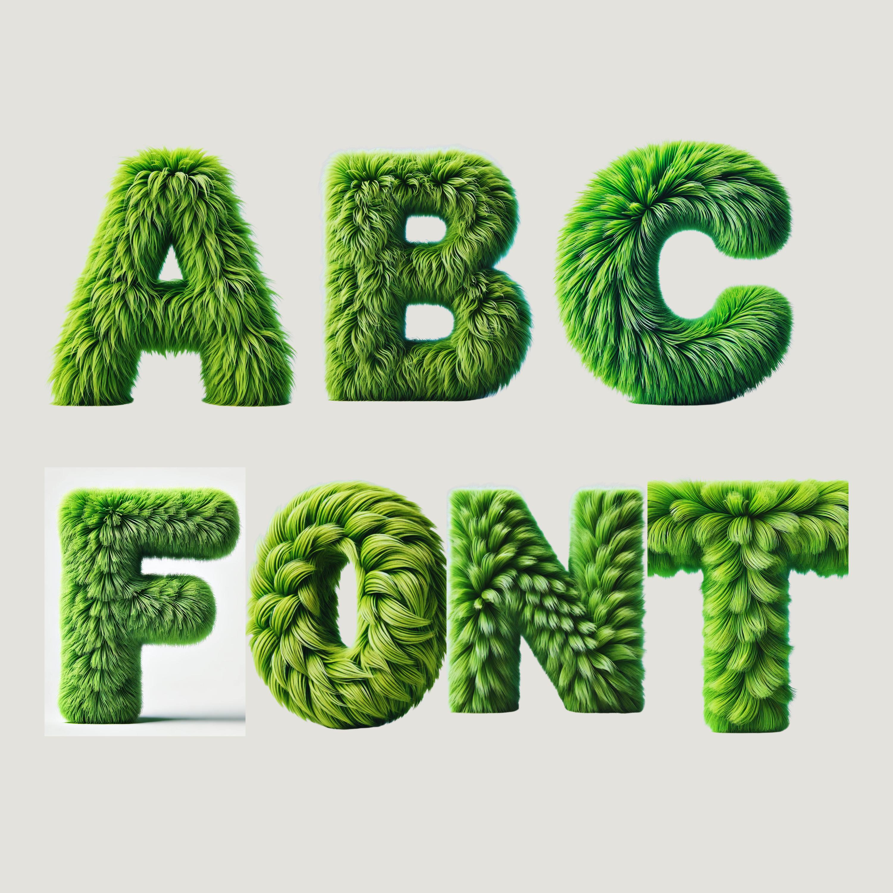 Furry Green Alphabet A-Z Numbers 0-9 Clipart, Realistic Fur Texture ...
