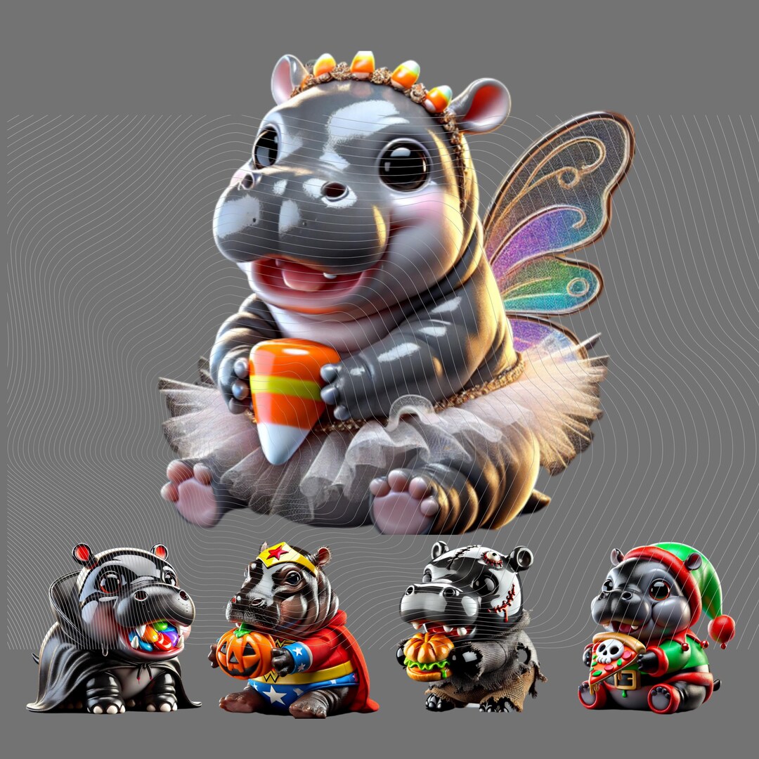 Cute Baby Hippo Halloween Art Set – Wonder Man, Vampire, Zombie, Elf ...