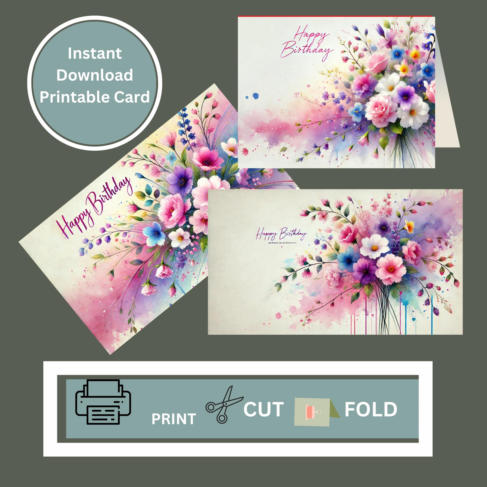 Watercolor Flower Birthday Card: Printable Floral Design (digital ...