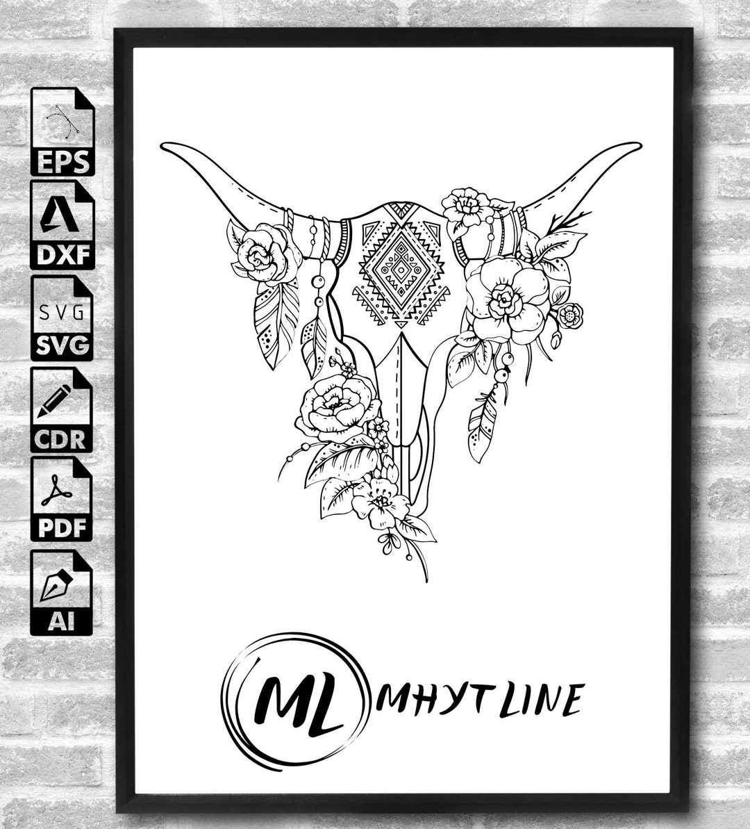 Bull Skull With Flowers Svg, Flower Cow Skull Svg Png Files Dxf Stencil ...