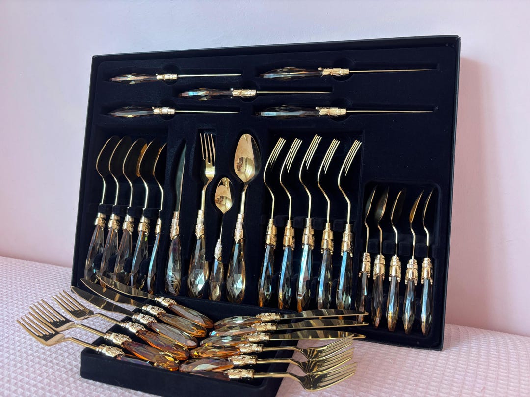 Titanium Flatware Set: Crystal Glass Handles, Luxury Silver Cutlery - Etsy